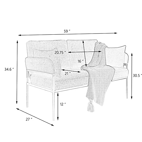 JULYFOX 59 in Wide Sofa Gray, Overstuffed Linen Fabric Couch Metal Frame 400 lbs Heavy Duty Tufted Loveseat Sofa for Small Spaces 2 Toss Pillows Included