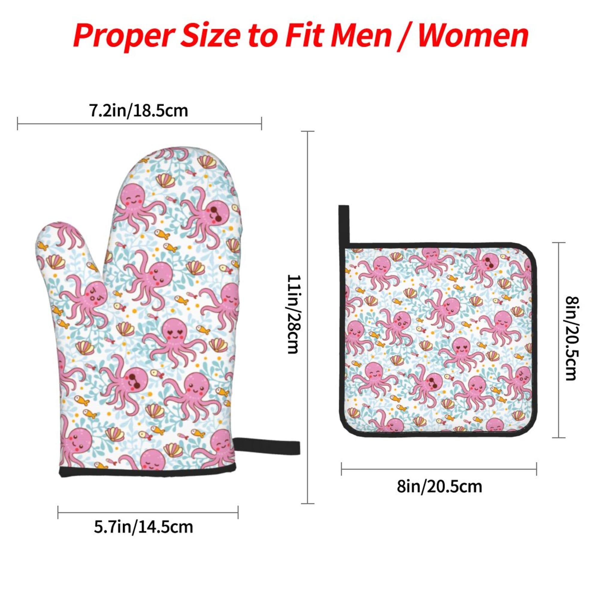 Cute Octopus Oven Mitts and Pot Holders Sets of 4 Heat Resistant Cooking Gloves and Potholders Non-Slip Kitchen Mittens Hot Pads with Hanging Loop for Kitchen Baking BBQ Grilling Picnic