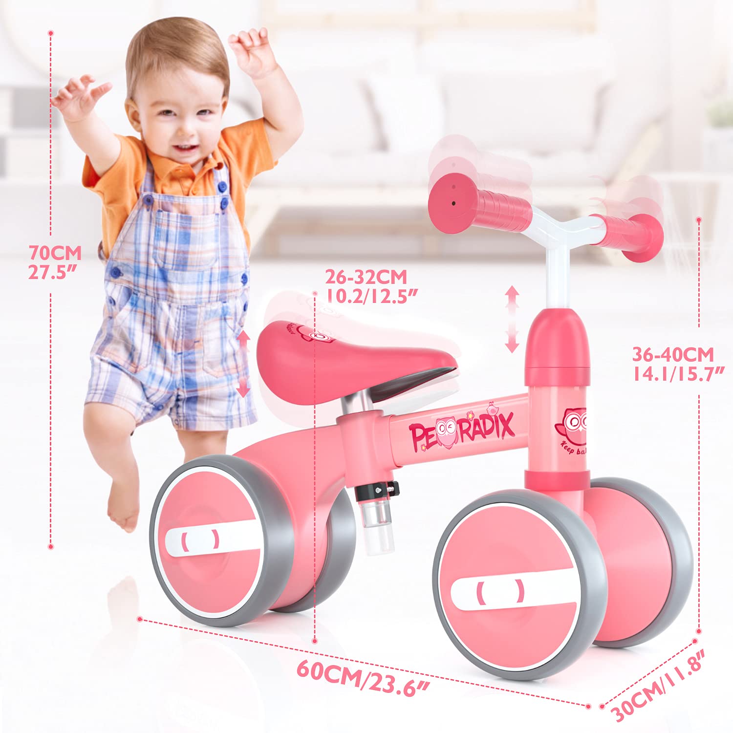 Peradix Balance Bike, Pink, Adjustable 7'' Wheels for 1-3 yr Old Toddlers, Promotes Walking & Riding Skills, BPA-Free, ASTM F963-11 Certified
