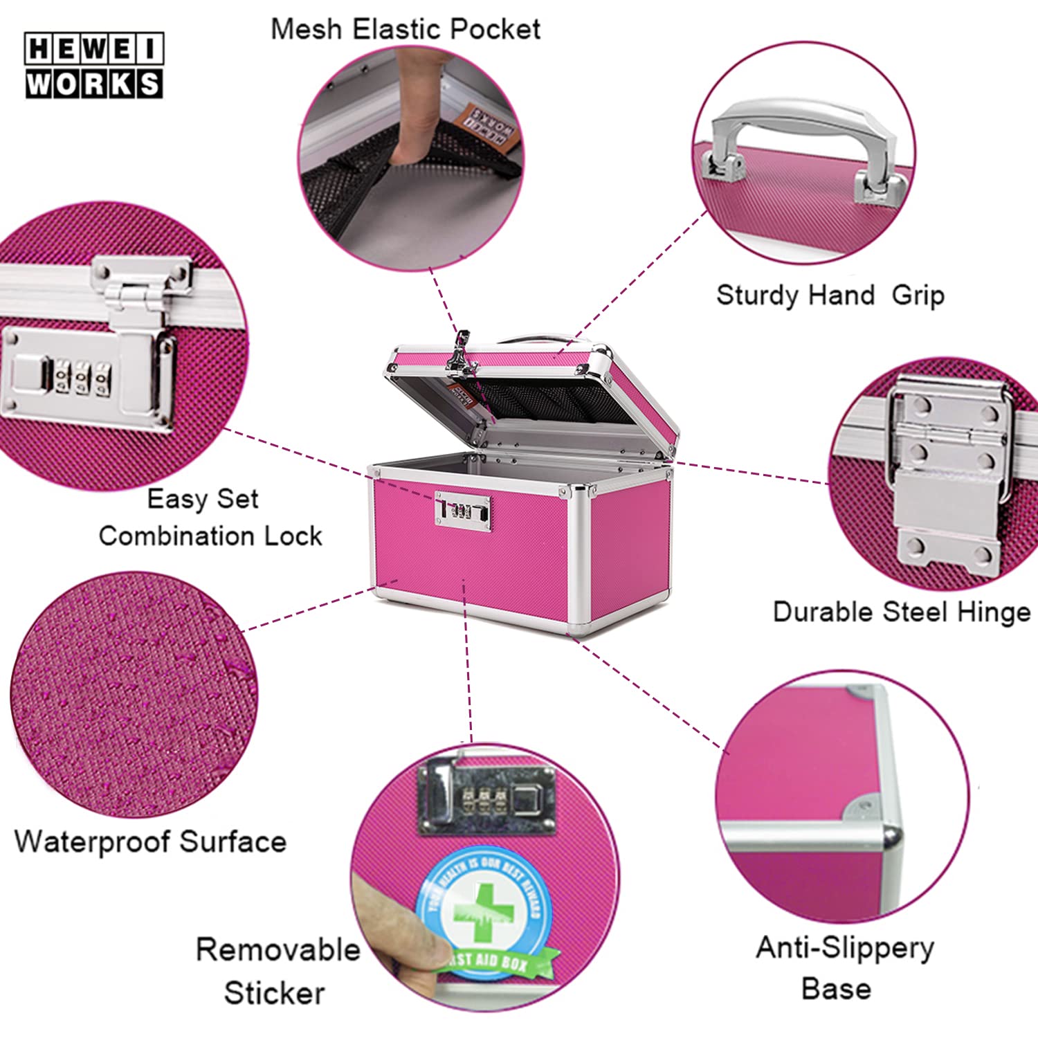 Combination Locking Medication Box with Portable Storage Case, 10.2''x 6.8''x 6.8'', Childproof Medicine Lock Organizer, Lockable Box for Documents & Valuables (Pink/Small)