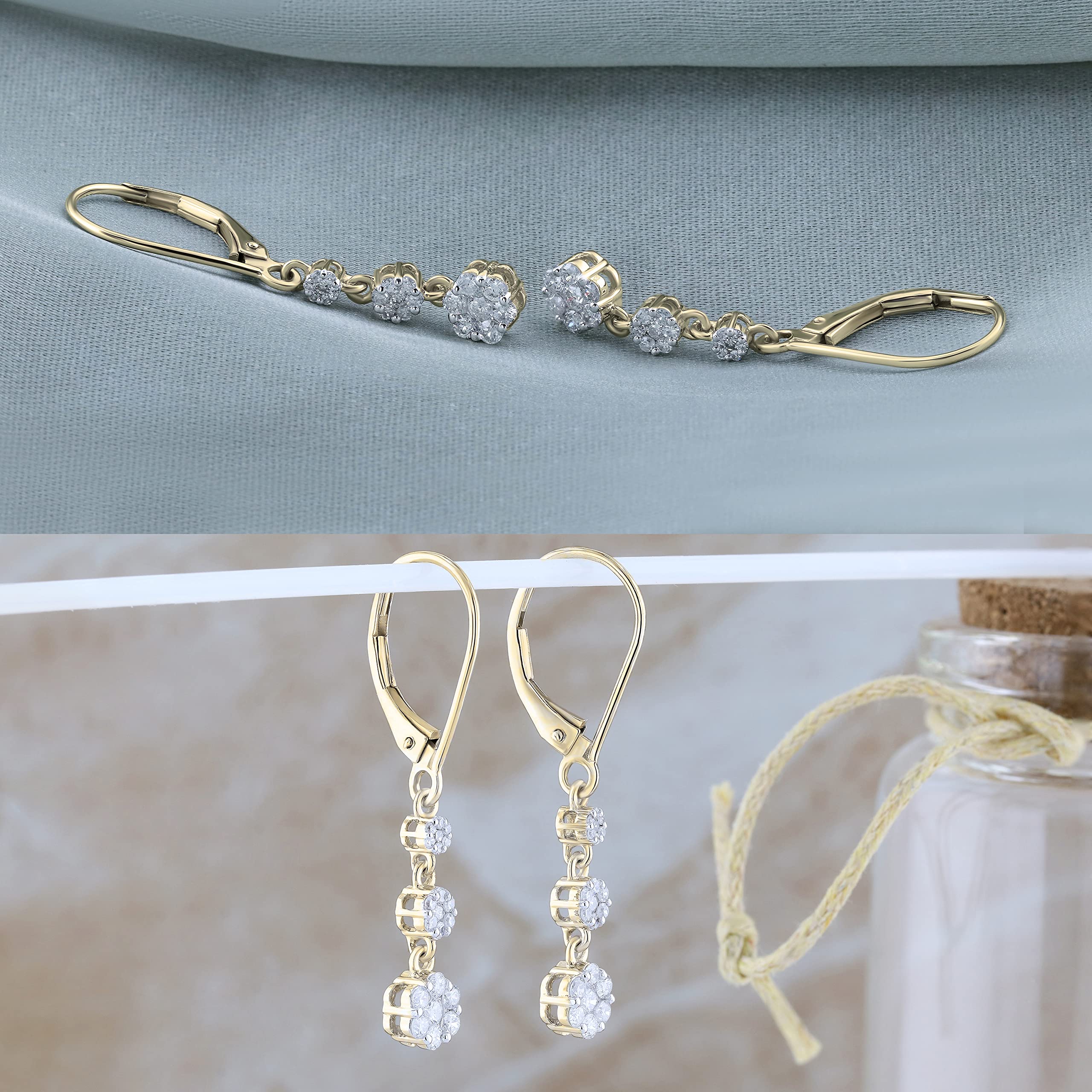 Dazzlingrock Collection Round Composite White Diamond Flower Dangle Drop Lever Back Earrings for Women (0.45 ctw, Color I-J, Clarity I2-I3) in 10K Yellow Gold