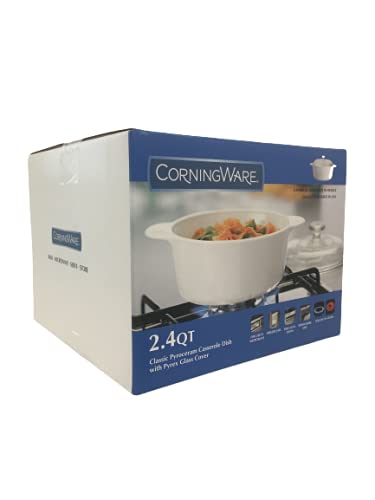 CorningWare Glass-Ceramic Pyroceram Round Classic Casserole, 2.4 Quart / 2.25 Liter Cooking Pot with Handles & Glass Cover - White (Medium)