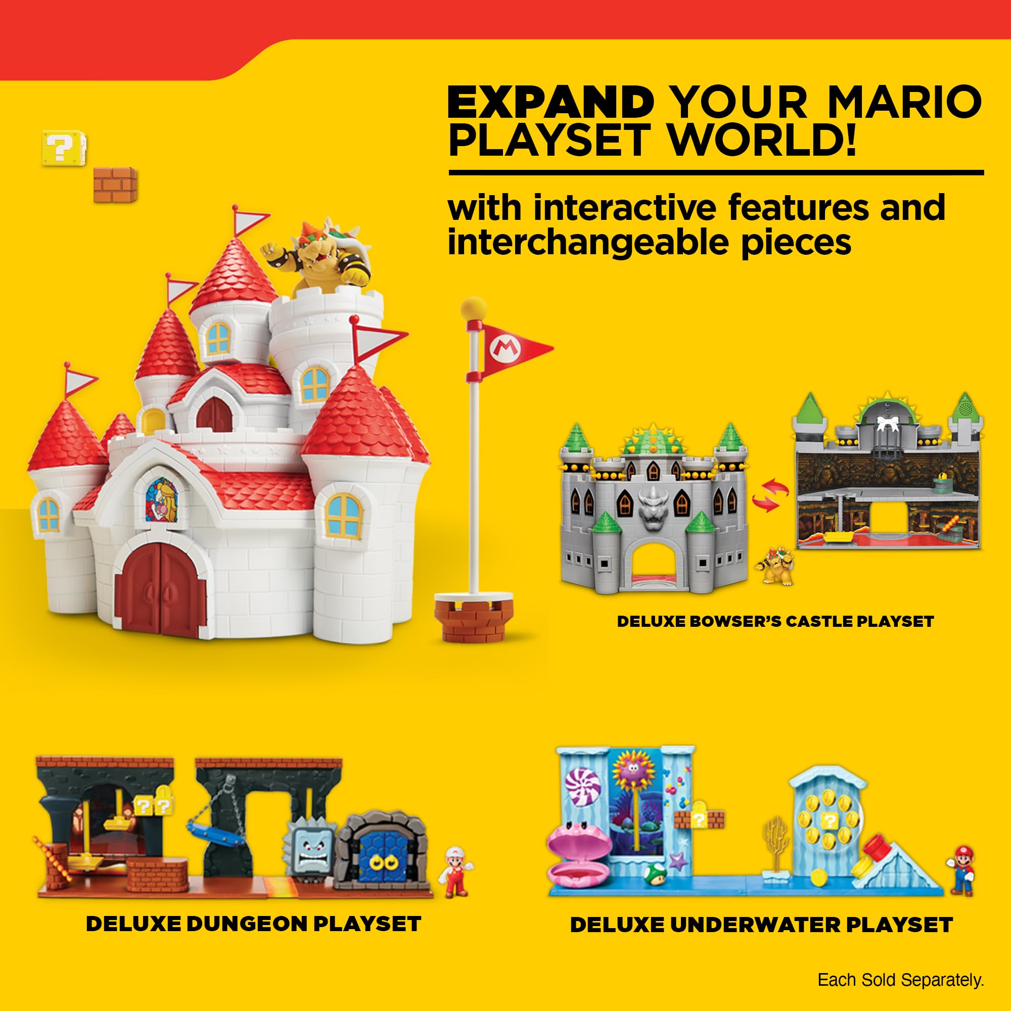 Super Mario Nintendo Deluxe Mushroom Kingdom Castle, Wall Display & Playset with (5) 2.5" Articulated Action Figures (Exclusive Bowser Figure, Princess Peach, Mario, Luigi & Goomba)