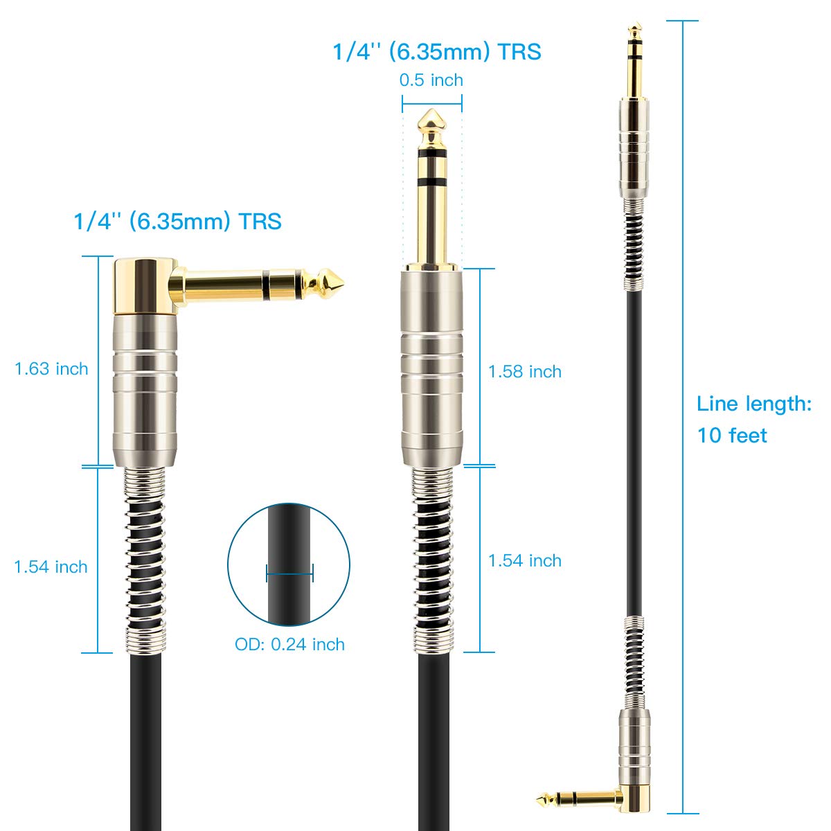 JOLGOO 1/4 inch TRS Cable, Straight to Right Angle 1/4 Inch 6.35mm Stereo Audio Cable for Studio Monitors,Mixer,Yamaha Speaker/Receiver, 10 Feet