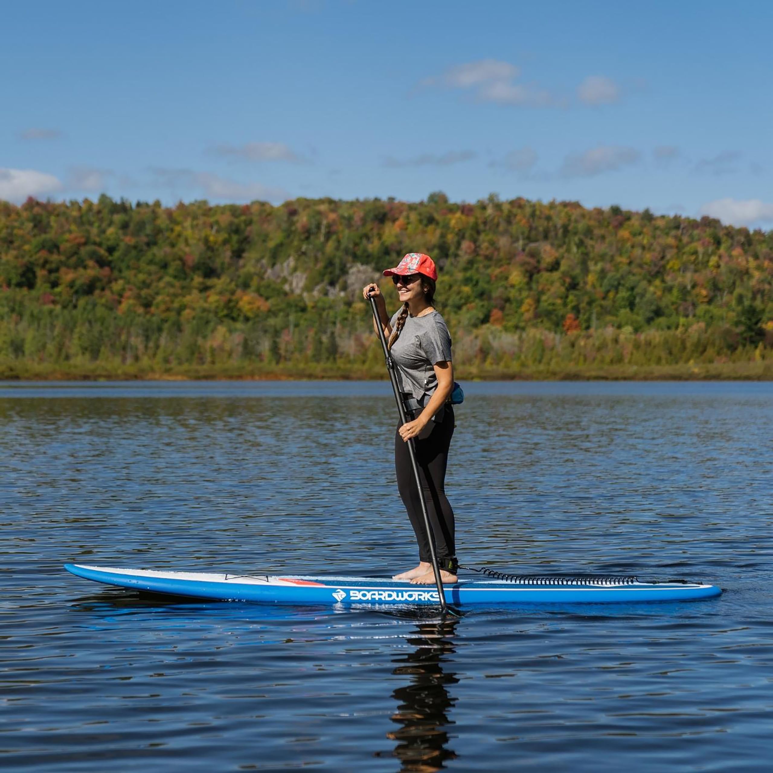 Boardworks Sōlr | Recreational Stand Up Paddleboard | X-Shot Epoxy Hardboard with Paddle | 10' 6",Blue/White/Grey