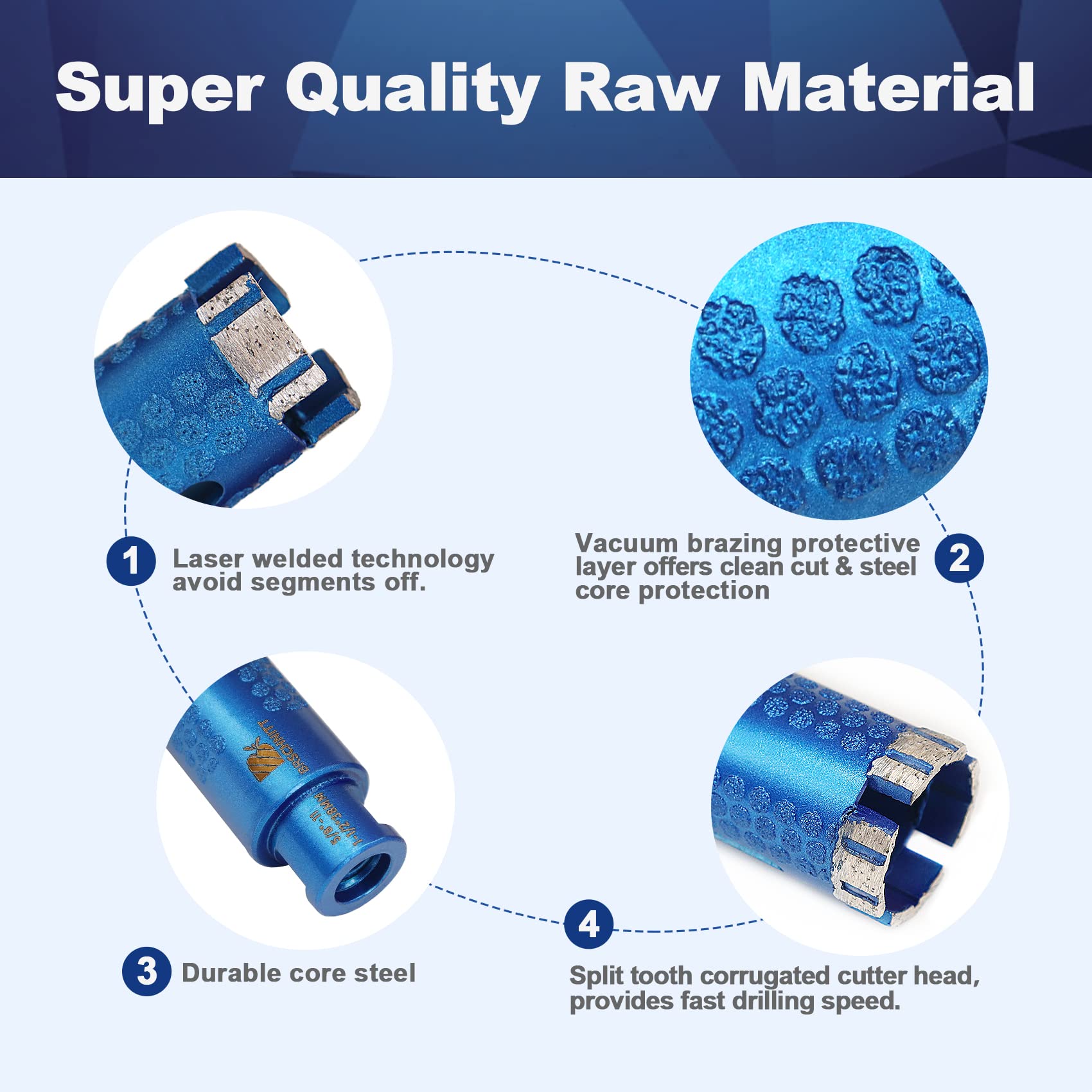 Diamond Core Drill Bit,Adapter,BRSCHNITT 1-1/2 Inch Laser Welded Diamond Hole Saw for Granite Marble Solid Block Stone Reinforced Concrete,Dry or Wet Drilling (38mm)