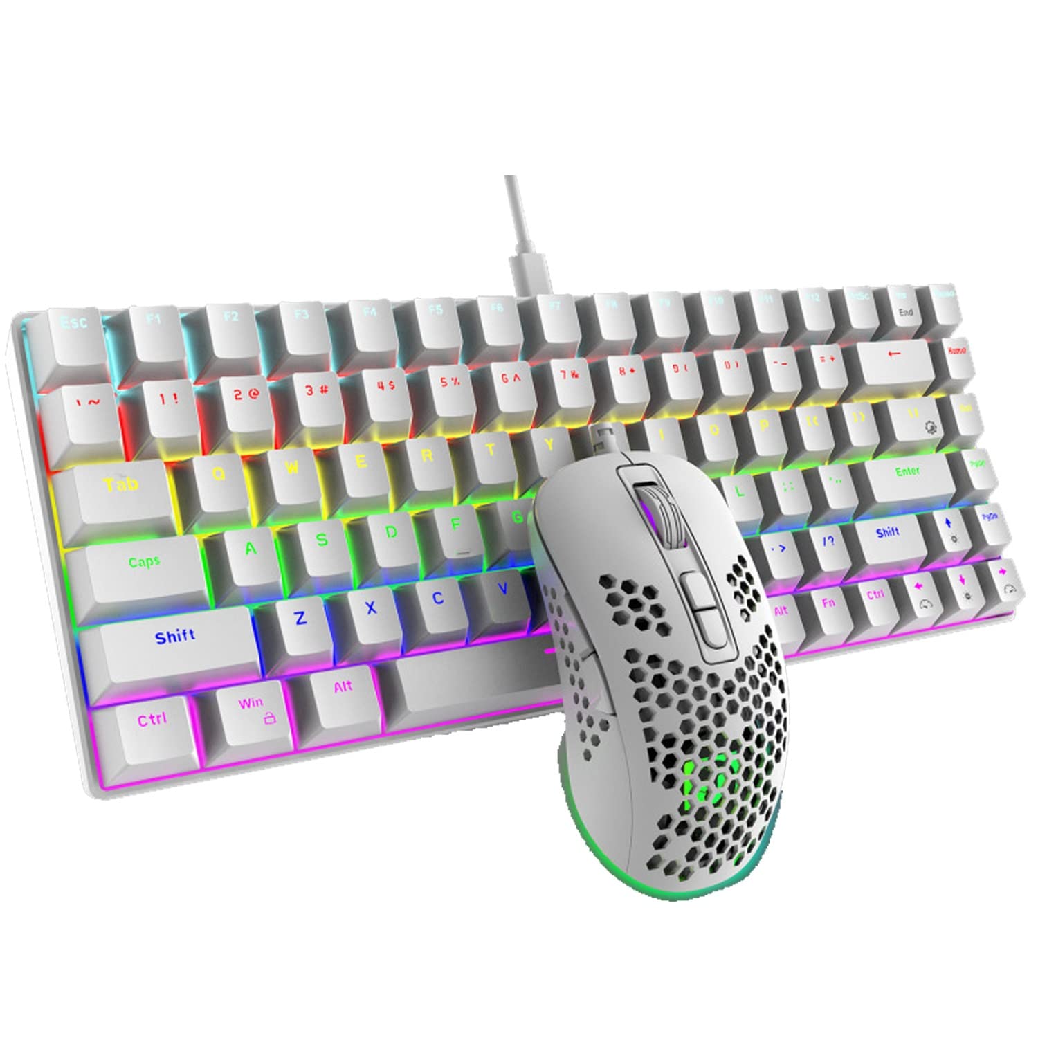 EXHNLE RGB Rainbow Gaming Keyboard and Mouse Combo, 84 Keys Backlit Computer Keyboard USB Wired Backlit Keyboard, for Laptop PC Computer Game and Work (Color : White)