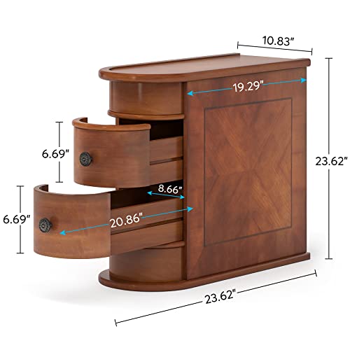 LITTLE TREE Wood End Table with 2 Drawers Sofa Side Table for Living Room, No Assembly Required Vintage Slim Nightstand Bedside Table for Bedroom, Brown