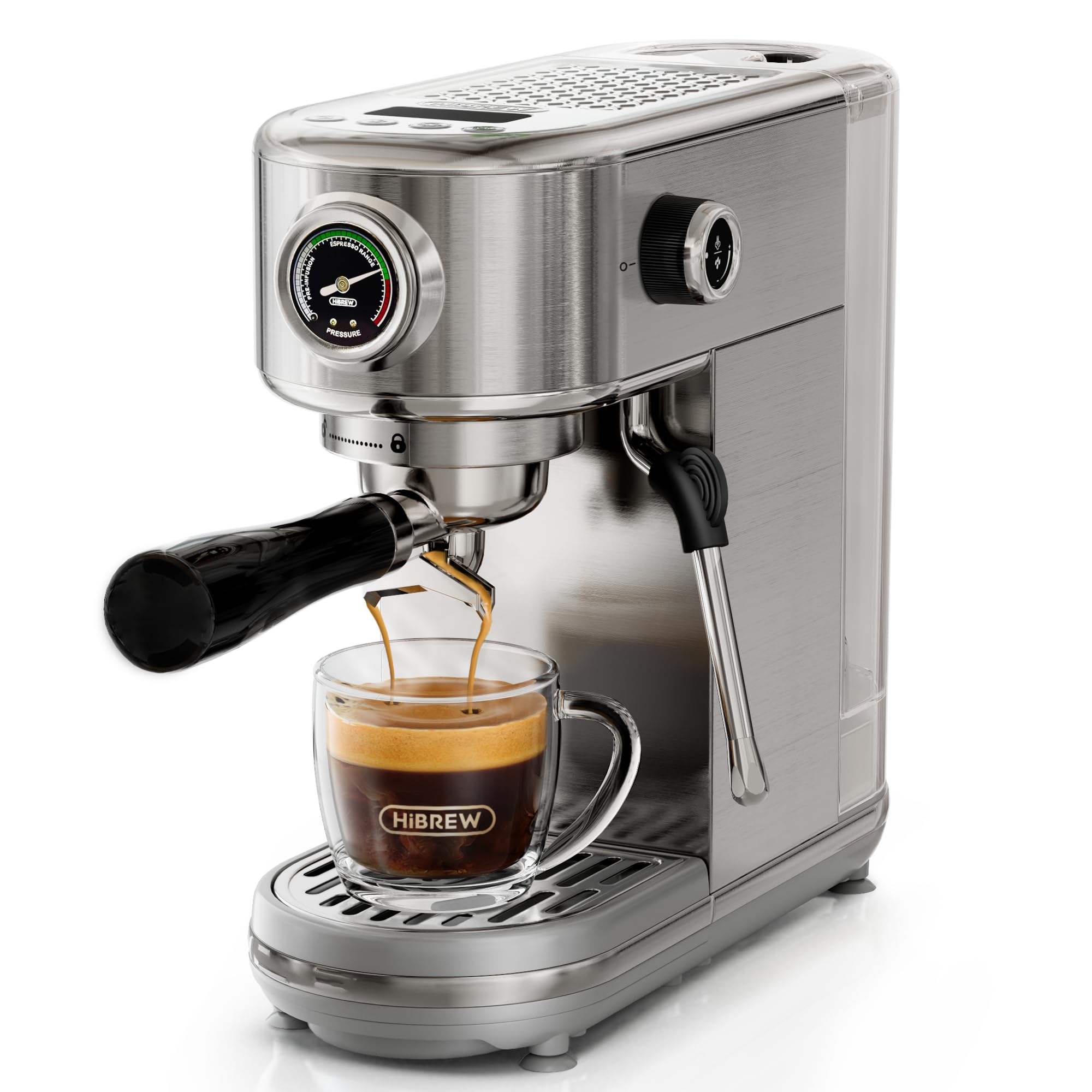 HiBREW Programmable Espresso Machine, H10B, Brushed Stainless Steel, Adjustable Temperature and Cup Volume, Steam Wand for Milk Frother