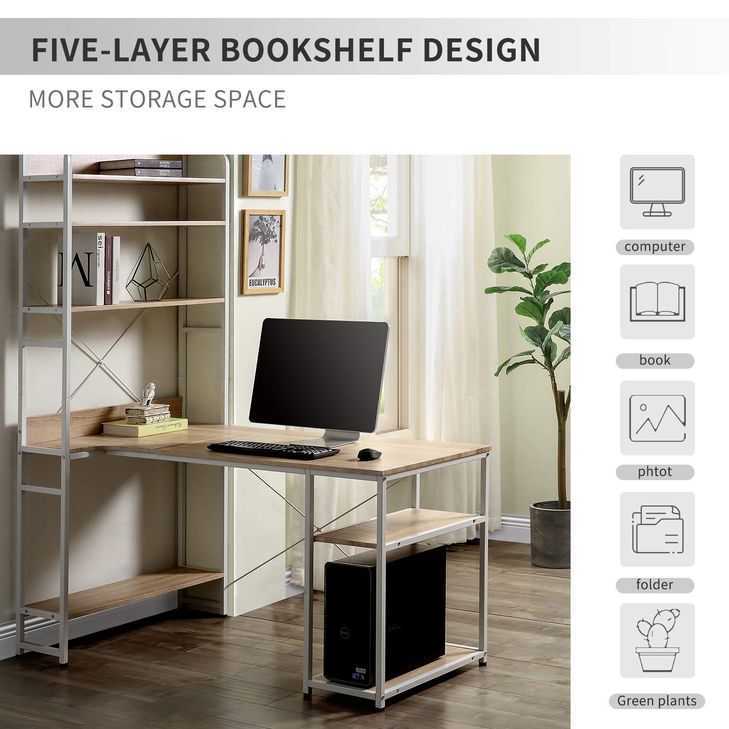Computer Desk with 5 Tier Storage Shelves, 54 inch Home Office Desk Study Writing Table Workstation with Bookshelf and Tower Shelf for PC Laptop Sewing (White)