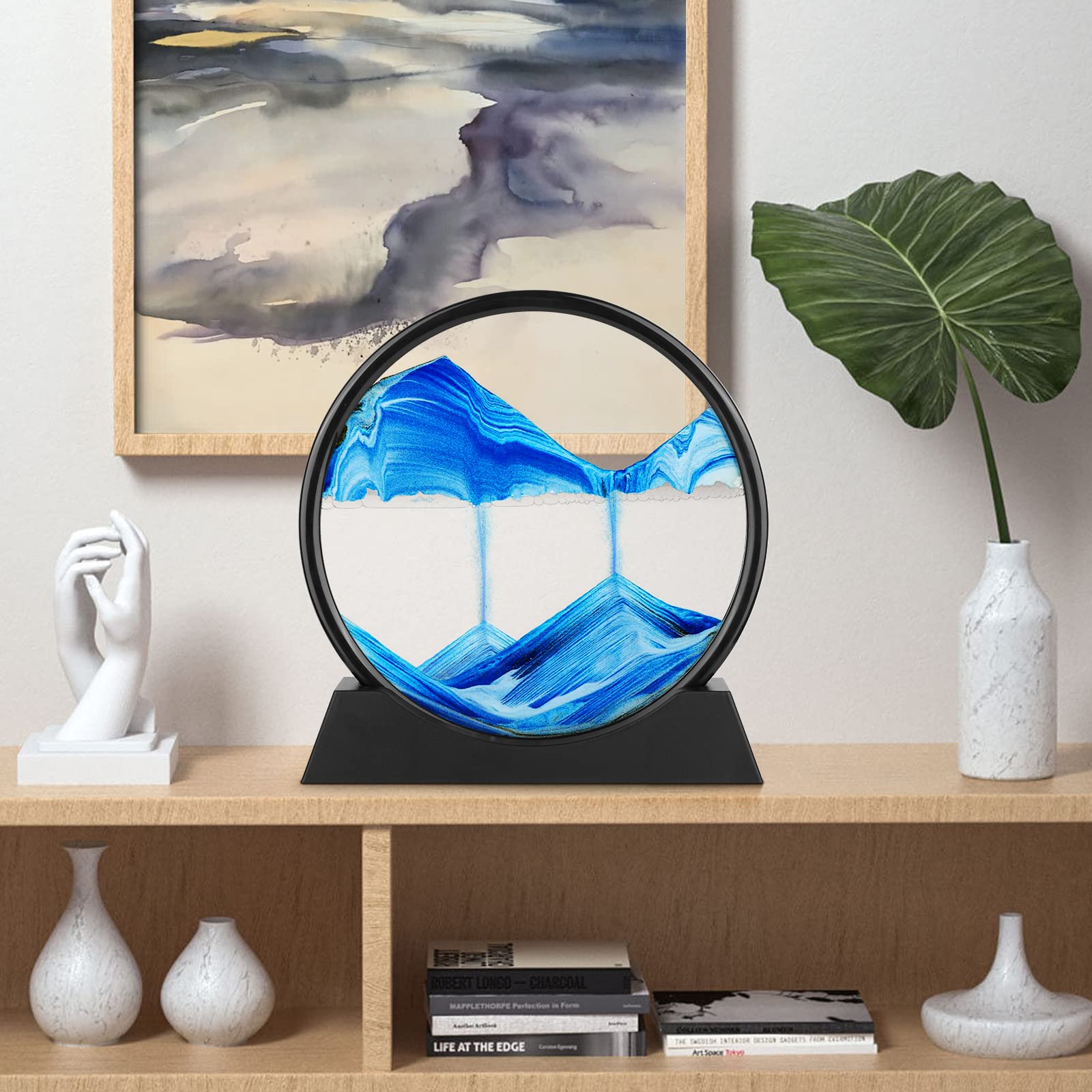 costand Moving Sand Art Picture with Round Glass, 3D Deep Sea Sandscape in Motion Display, Flowing Arc Frame Relaxing Desktop Home Office Work Decor, Room Decoration(7' Blue, 7''