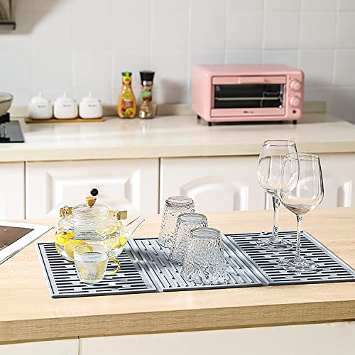 Extra Large Christmas Dish Drying Mat for Kitchen Counter, 24*13 Inch Trifold Food Grade Silicone Drying Mats Countertop, Heat & Cold Resistant (Black)