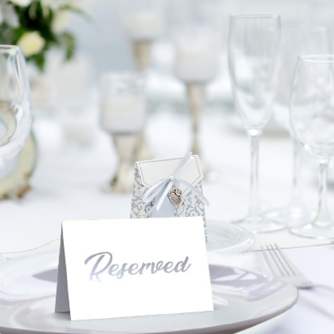 Generic 25 Pack SILVER Reserved Table Cards for Wedding With SILVER Foiled Letters- Seating Signs for Chairs Church Pews Double Sided Signs Tent Reservation Cards Celebration Accessories""5.5 * 3