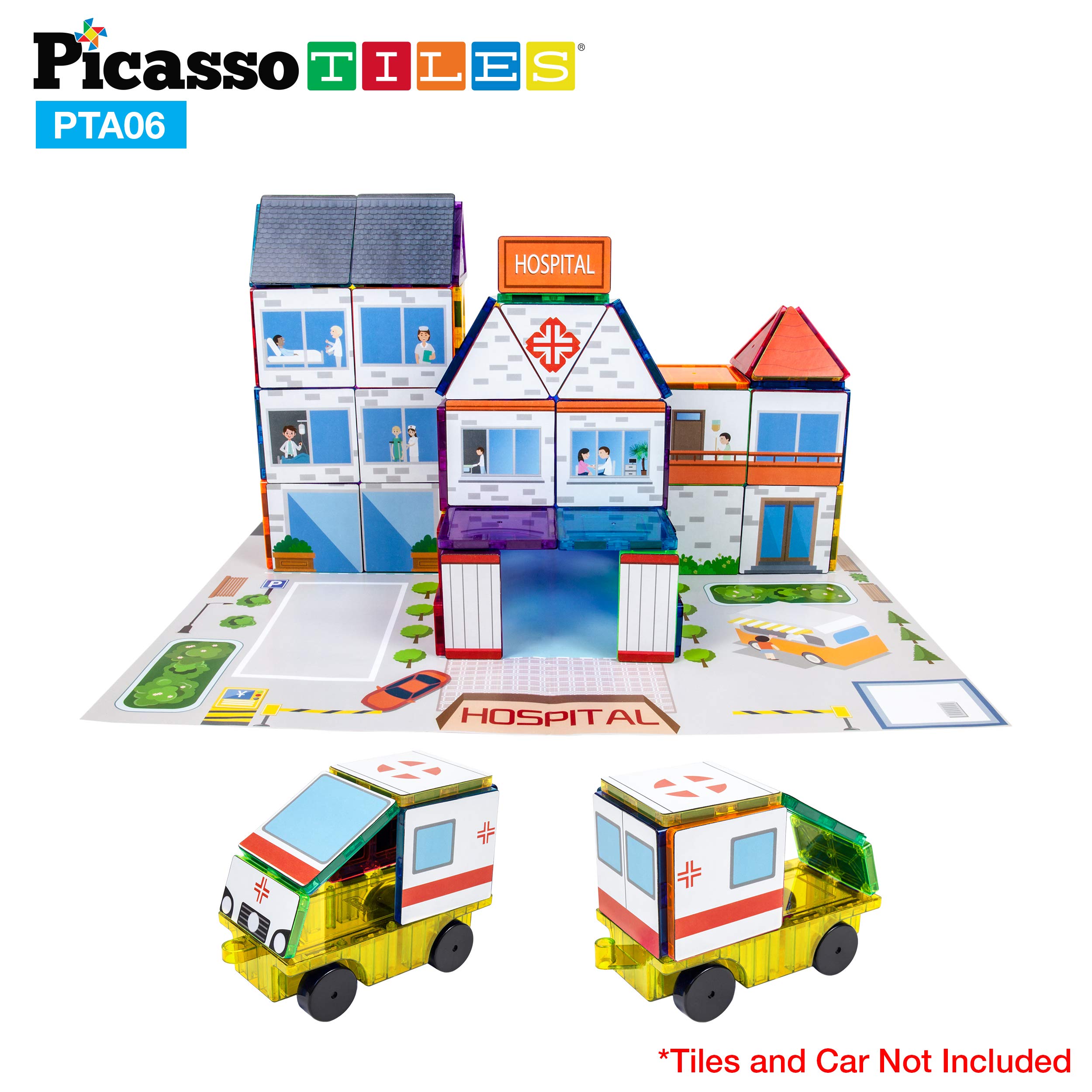 PicassoTiles 80pc School, Hospital, Police Station 3-in-1 Theme Magnet Self Adhesive Backing Stick-On Puzzle Graphic Kit and Overlay Maps for Magnetic Building Blocks STEM Learning Construction Toy