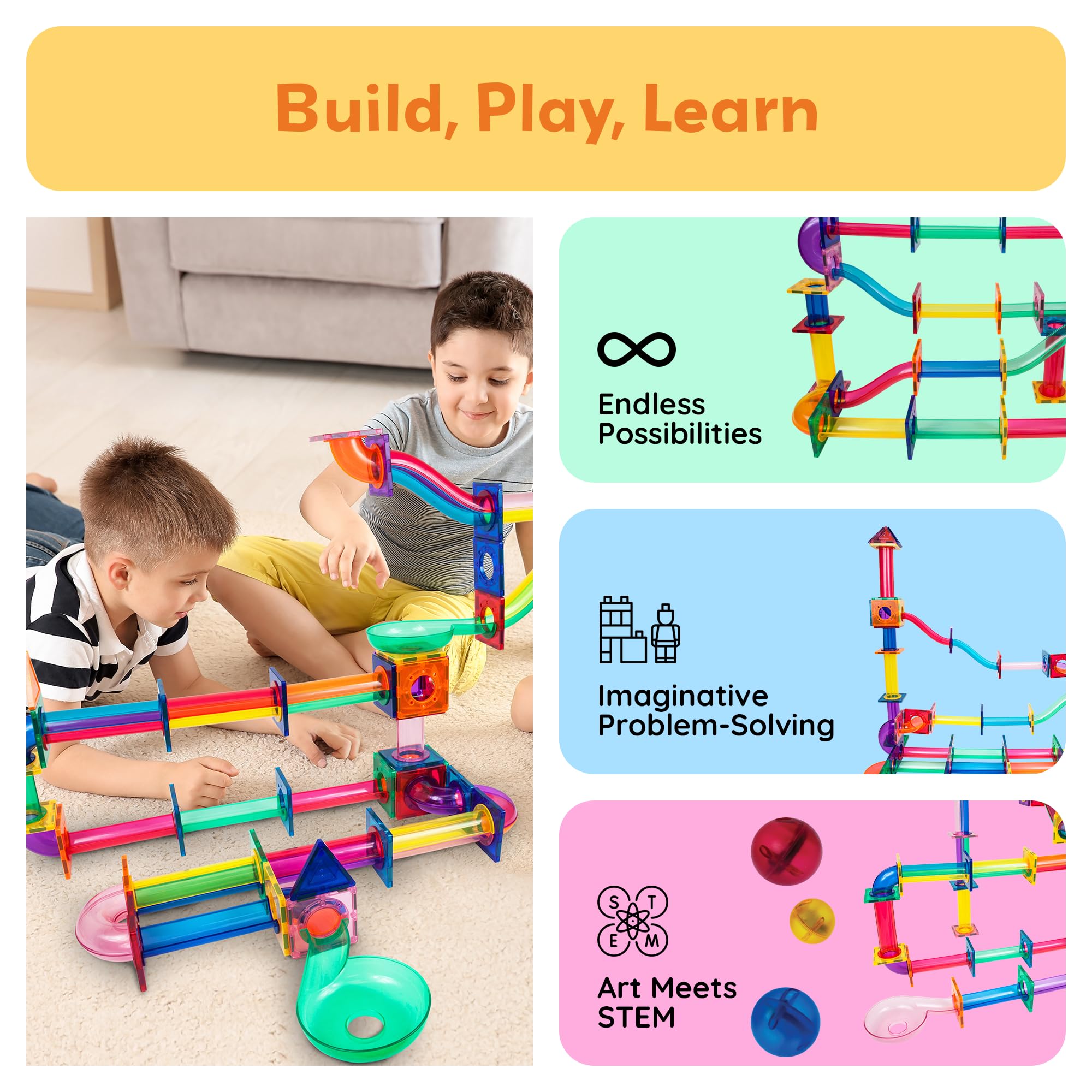 PicassoTiles Marble Run 120 Piece Magnetic Building Blocks Magnet Tile Construction Toy Playset STEM Learning Educational Block Child Brain Development Kids Toys for Boys and Girls Age 3 and Up