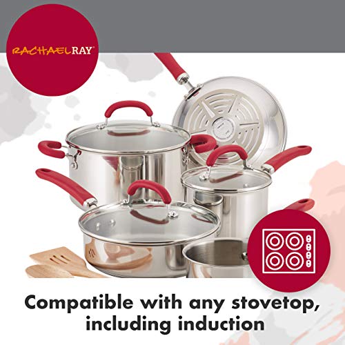 Rachael Ray Create Delicious Cookware Set, 10-Piece, Stainless Steel with Light Blue Handles & Ray Cucina Japanese Stainless Steel Knife Kitchen Cutlery Wooden Block Set, 6 Piece, Agave Blue