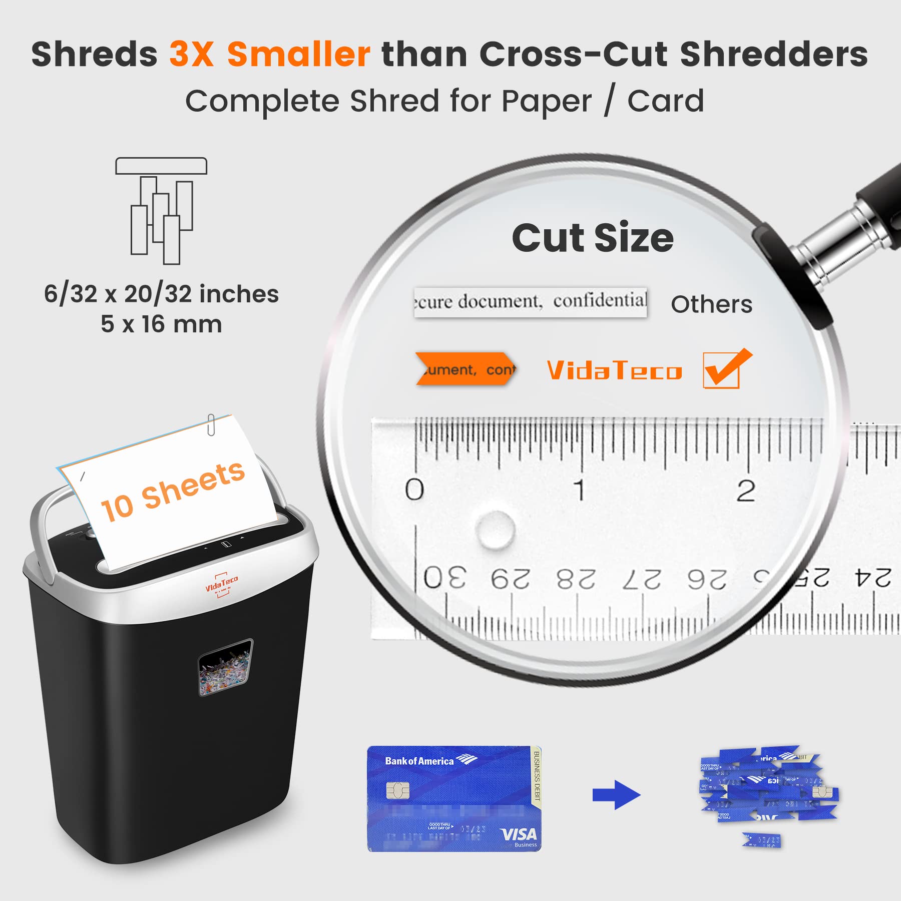 Paper Shredder,VidaTeco 10-Sheet Micro-Cut Shredder with US Patented Cutter,Also Shreds Card/Staple/Clip,Paper Shredder for Home Office,Durable&Fast with Jam Proof System,3.9-Gallon Basket (ETL)