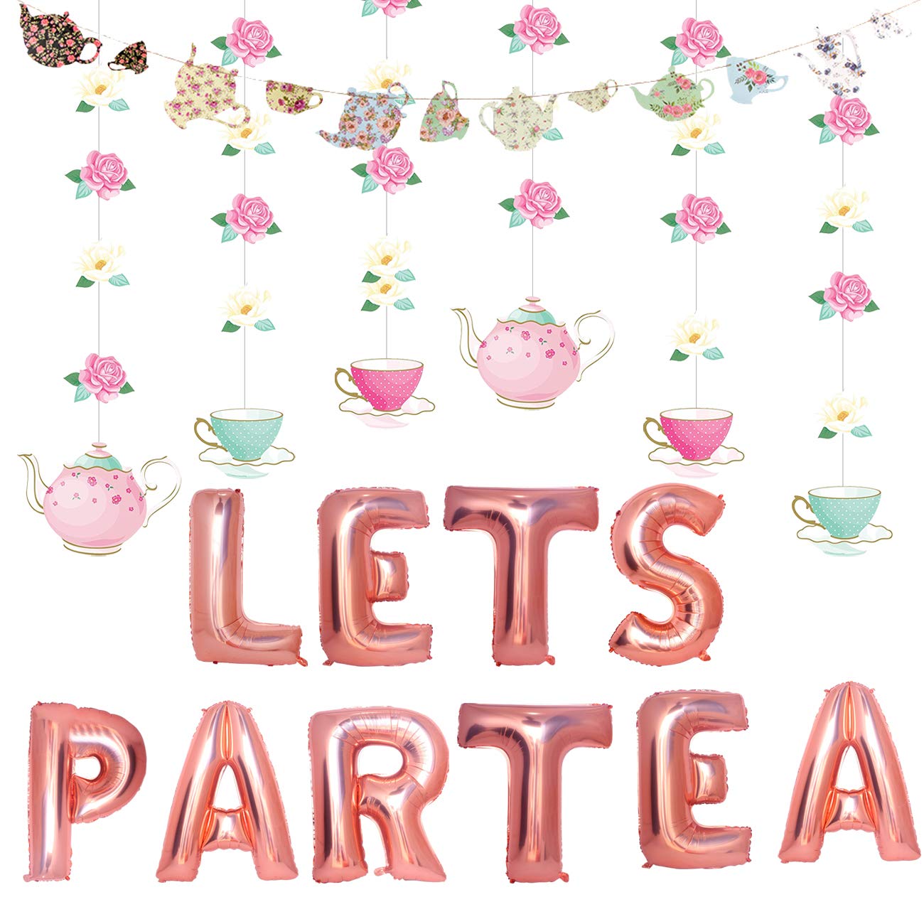 Mity rain Tea Party Decorations - LET'S PAR TEA Aluminum Foil Balloons/Teapots Teacups Tea Party Banner/Floral Tea Party Hanging Decorations for Baby Shower Bridal Shower Girls Birthday Party Supplies