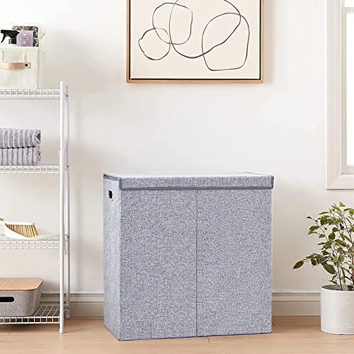 SUPERJARE Double Laundry Hamper with 2 Removable Liner Bags, 150 L Large Laundry Basket with Magnetic Lid, Collapsible Clothes Hamper with Easy Carry Built-in Handles, 2 Section, Linen Gray