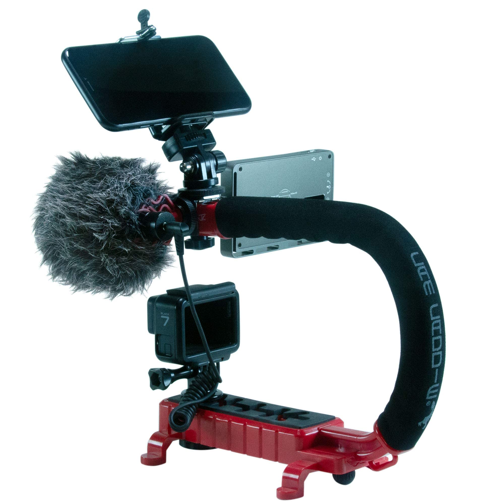 CAM CADDIE U-Grip Pro Handheld Video Rig Steadicam with Triple Cold Shoe, Stabilizing Handle Grip Compatible for iPhone 12 11 Pro Max Xs 8 7 plus GoPro Canon Nikon Sony DSLR Cameras Red Action Edition