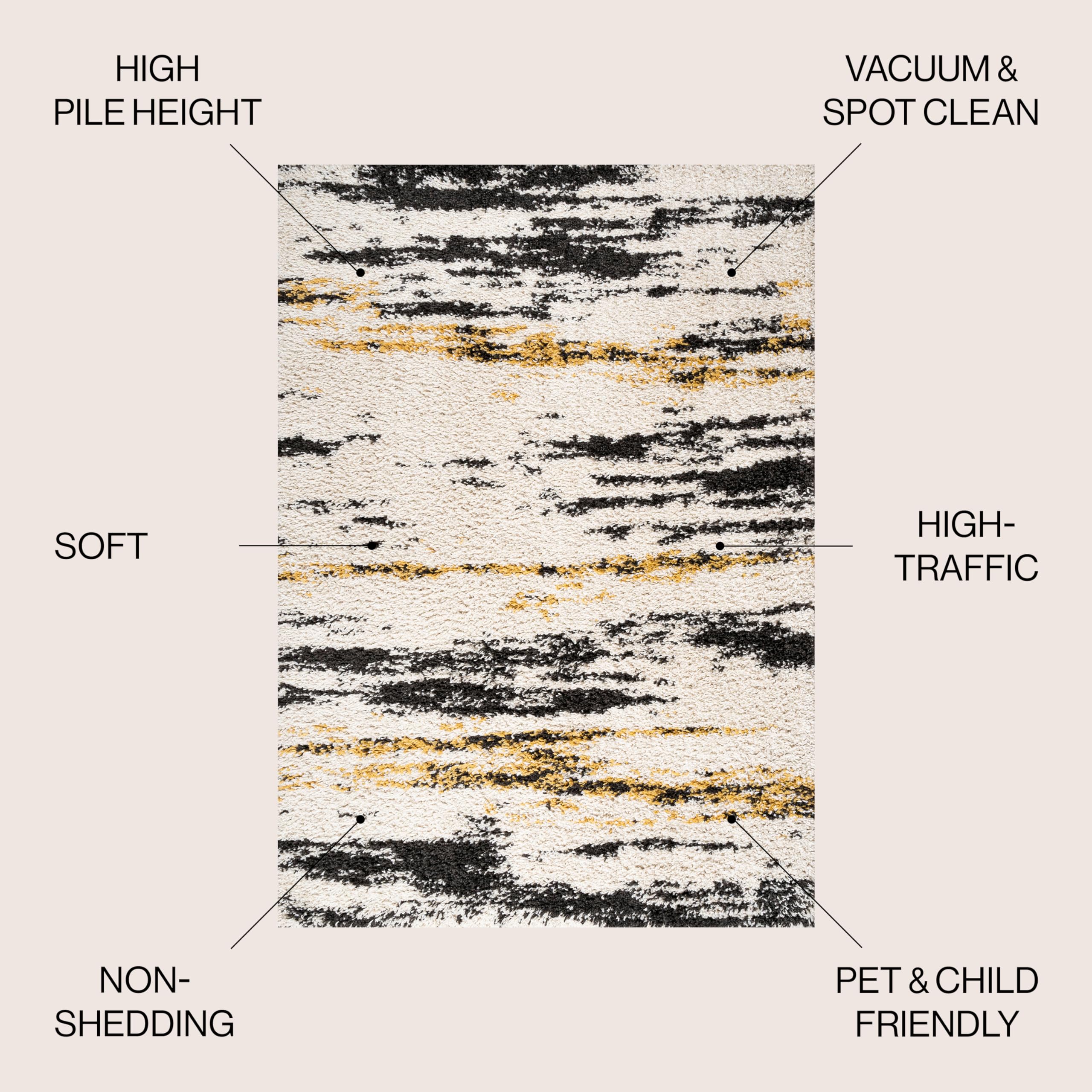 JONATHAN Y SHG102A-8 Nova Modern Bold Strie' Shag Indoor Area-Rug Bohemian Contemporary Abstract Distressed Easy-Cleaning Bedroom Kitchen Living Room Non Shedding, 8 X 10, Beige/Black/Yellow