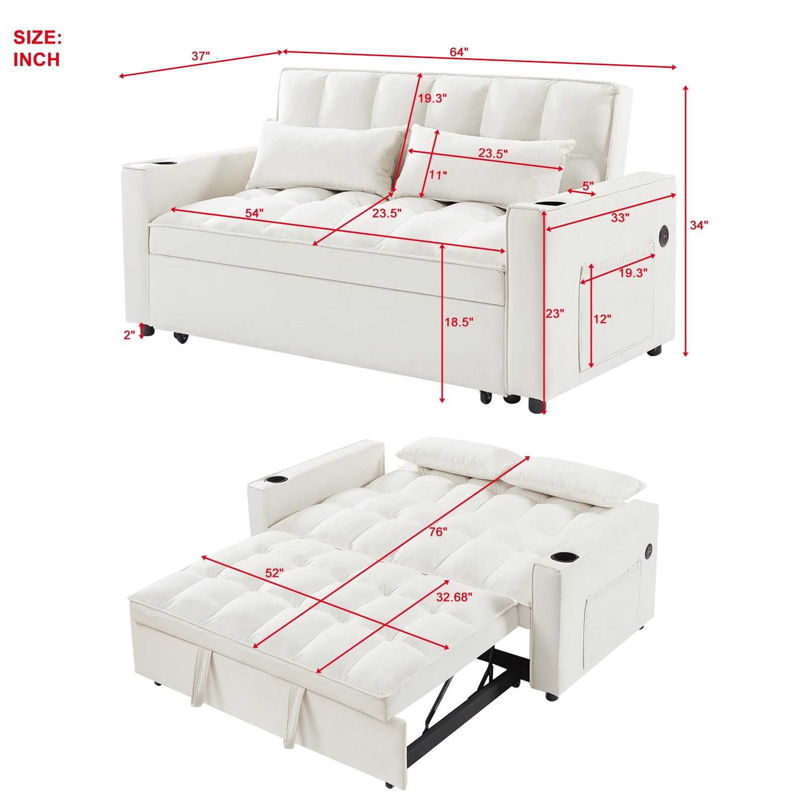 ERYE 3 in 1 Oversized Convertible Sleeper Sofabed,Modern Linen Upholstered Tufted Loveseat Sofa&Couch with Pull Out Sleep Couch Bed(Full Size),USB Charging Ports for Home,Apartment,RV Living Room