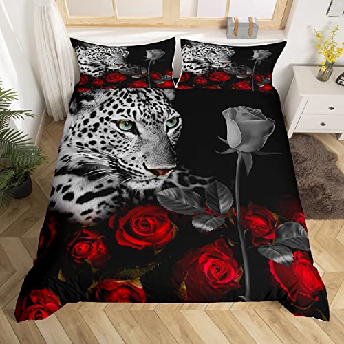 Rose Cheetah Duvet Cover King Size Wedding Valentine's day Bedding Set Black White Leopard Comforter Cover For Adults Men Women wild animal Quilt Cover 2 Pillow Cases Couple Bedroom Decor Red