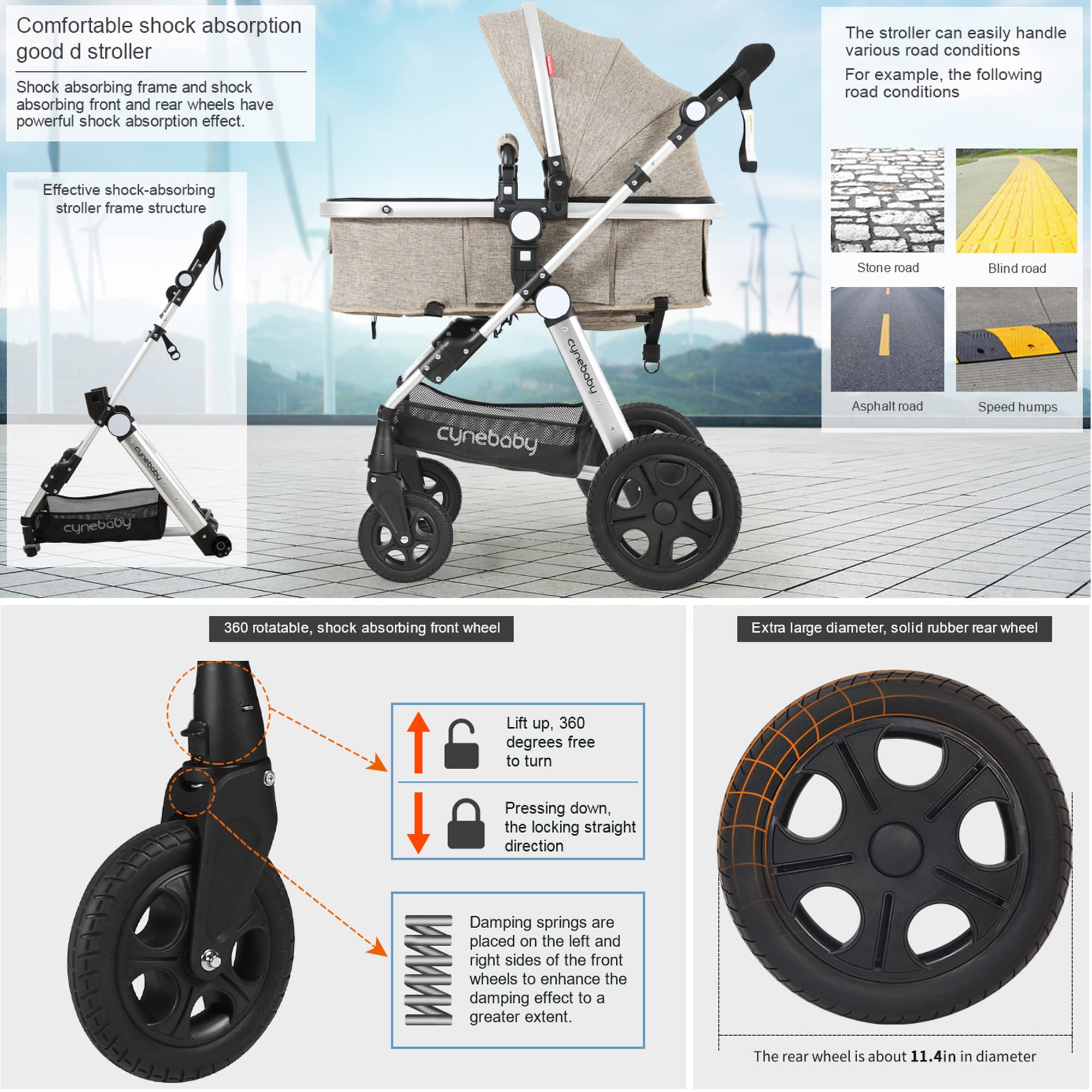 Cynebaby Baby Stroller, Convertible Bassinet Stroller for Newborn Infant Lightweight Pram Strollers with Snack Tray… (Khaki)