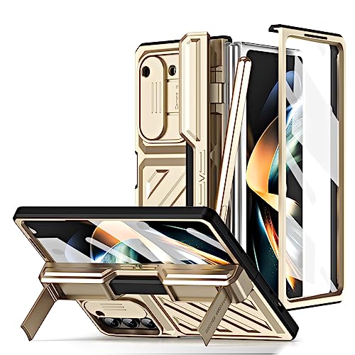 PUROOM for Samsung Galaxy Z Fold 5 Hinge Coverage Protective Case Pen Box & Kickstand, Slide Camera Lens Cover, Screen Protector Full Body Shockproof Case (Gold)