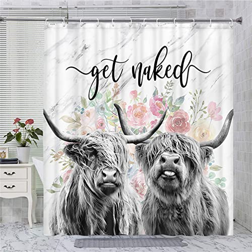 Romantic Angels Highland Cow Shower Curtain Set Get Naked Western Floral Shower Curtains for Bathroom Farmhouse Cute Funny Cow Bathroom Decor Waterproof Fabric 72 * 72 Inch with 12 PCS Hooks