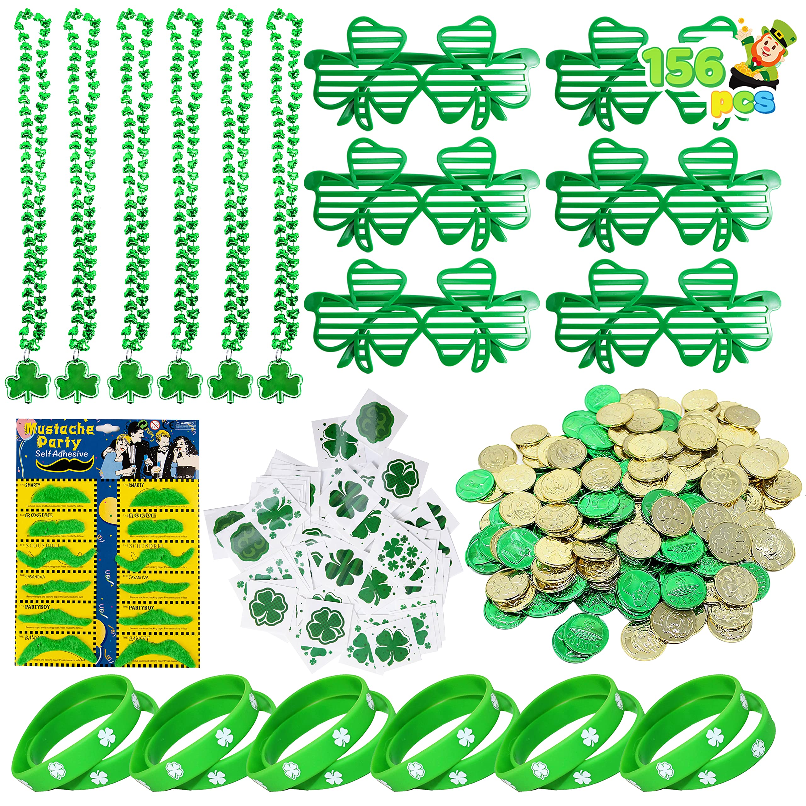 JOYIN 156 Pcs St. Patrick's Day Party Favor Set, 6 Necklaces 6 Eyeglasses 12 Bracelets 72 Temporary Tattoos 12 PCS Mustache 48 Plastic Coins St Patricks Day Accessories