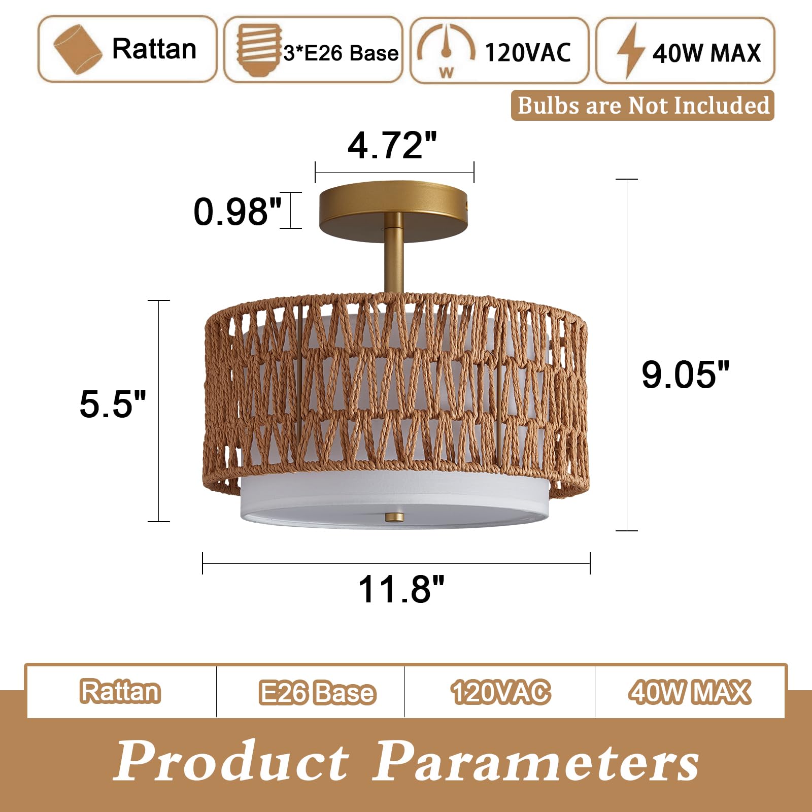 BUXVRCS Boho Light Fixtures Ceiling, 3-Light Hand-Woven Rattan Light Fixture, Farmhouse Drum Light Fixtures Ceiling Mount with Fabric Shade, Nursery Light Fixture for Bedroom Hallway Kitchen Entryway