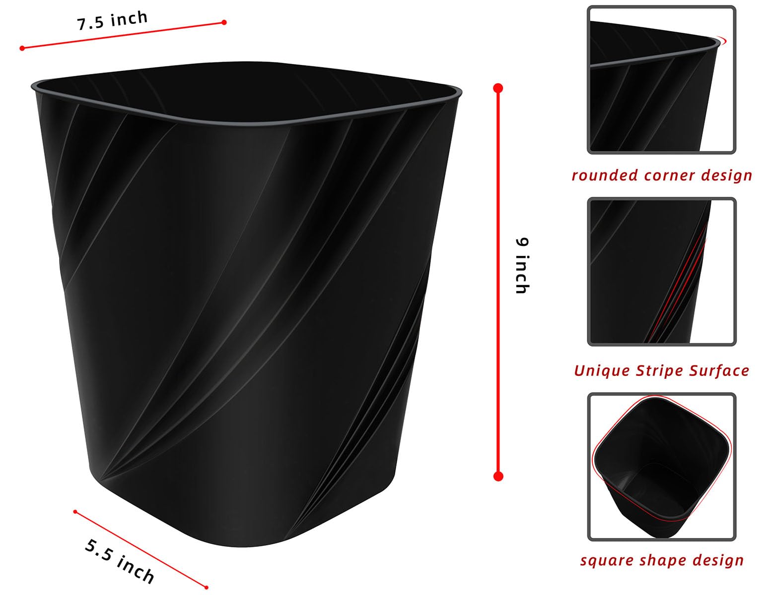 Freetex 1.6 Gallon Small Plastic Trash Can Wastebasket Recycling Bin for Bathroom, Dorm, Bedroom,Home Office, Garbage Container Basket for Bedroom, Kids Room (1, Black)