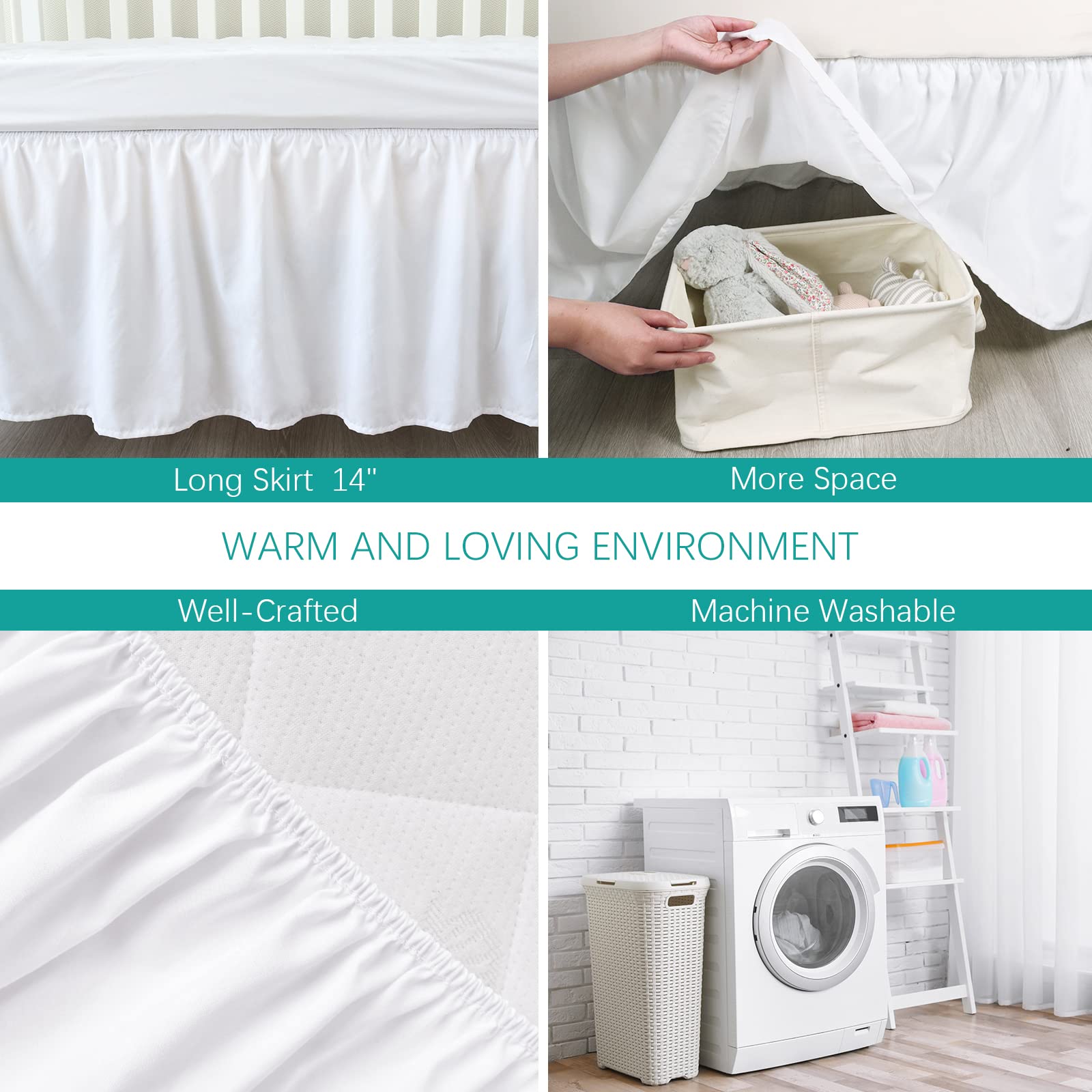 Crib Bed Skirt White Dust Ruffle Elastic Adjustable & Waterproof Product Image Bassinet Mattress Pad Cover Compatible with Mika Micky Bedside Sleeper, 2 Pack