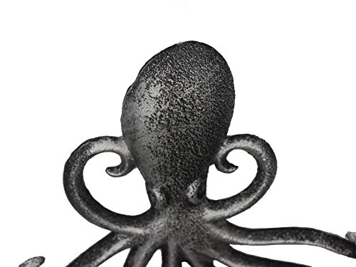 Handcrafted Nautical Decor Rustic Silver Cast Iron Wall Mounted Octopus Hooks 7" - Rustic Wall Art - Nauti