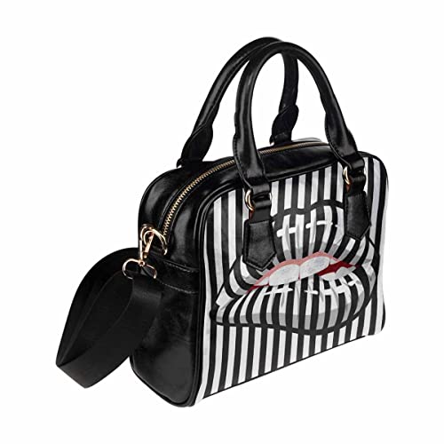 D-Story Lips Black And White Striped Handbags for women Textured Leather Shoulder Bag Purse Handbag with Zipper