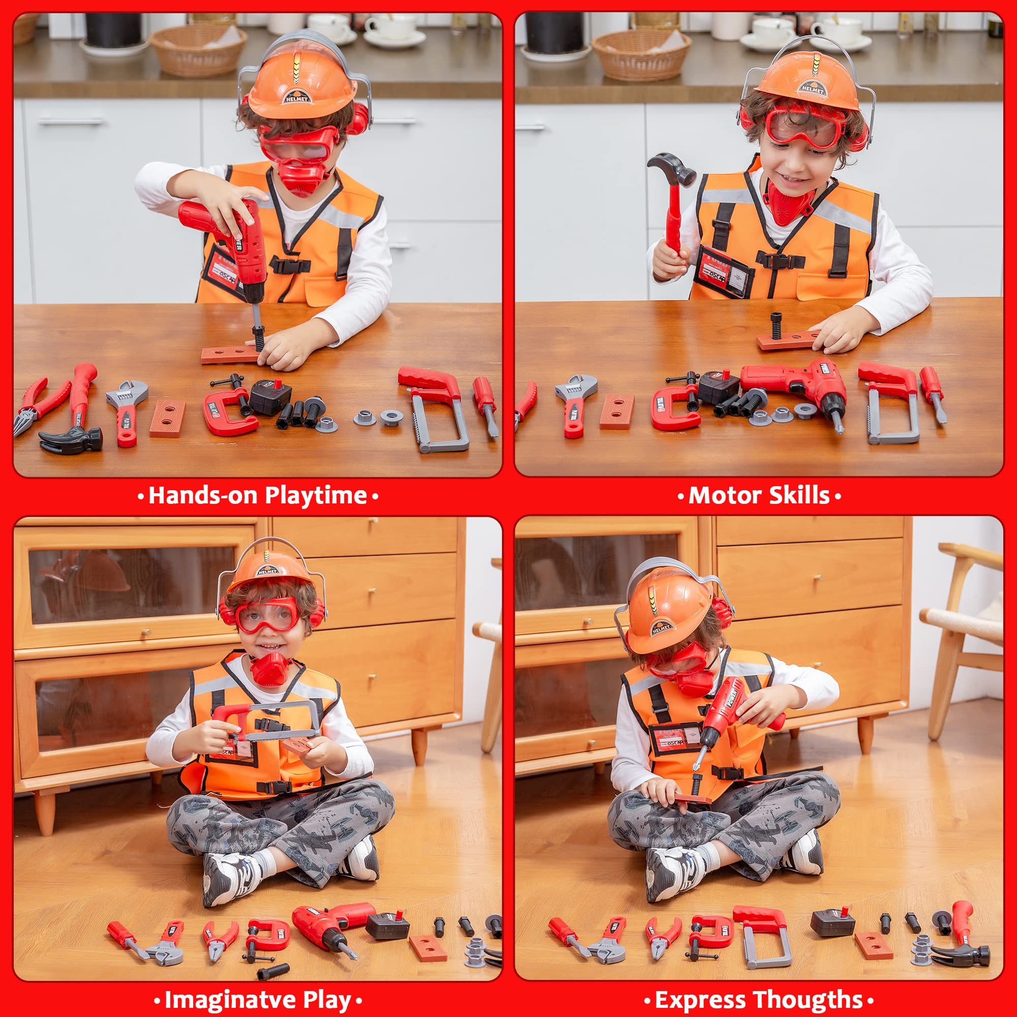 JOYIN 26Pcs Kid Tool Set, Pretend Play Toddler Tool Toy with Construction Worker Costume & Electronic Toy Drill in Storage Box for Boy Girl Halloween Present Birthday Dress Up Party