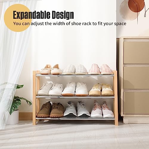 NUDUKO Expandable Shoe Rack Storage Organizer - Adjustable 3 Tier Small Shoe Rack Heavy Duty Free Wood and Metal Standing Shoe Shelf for Closet Bedroom Entryway (Natural)