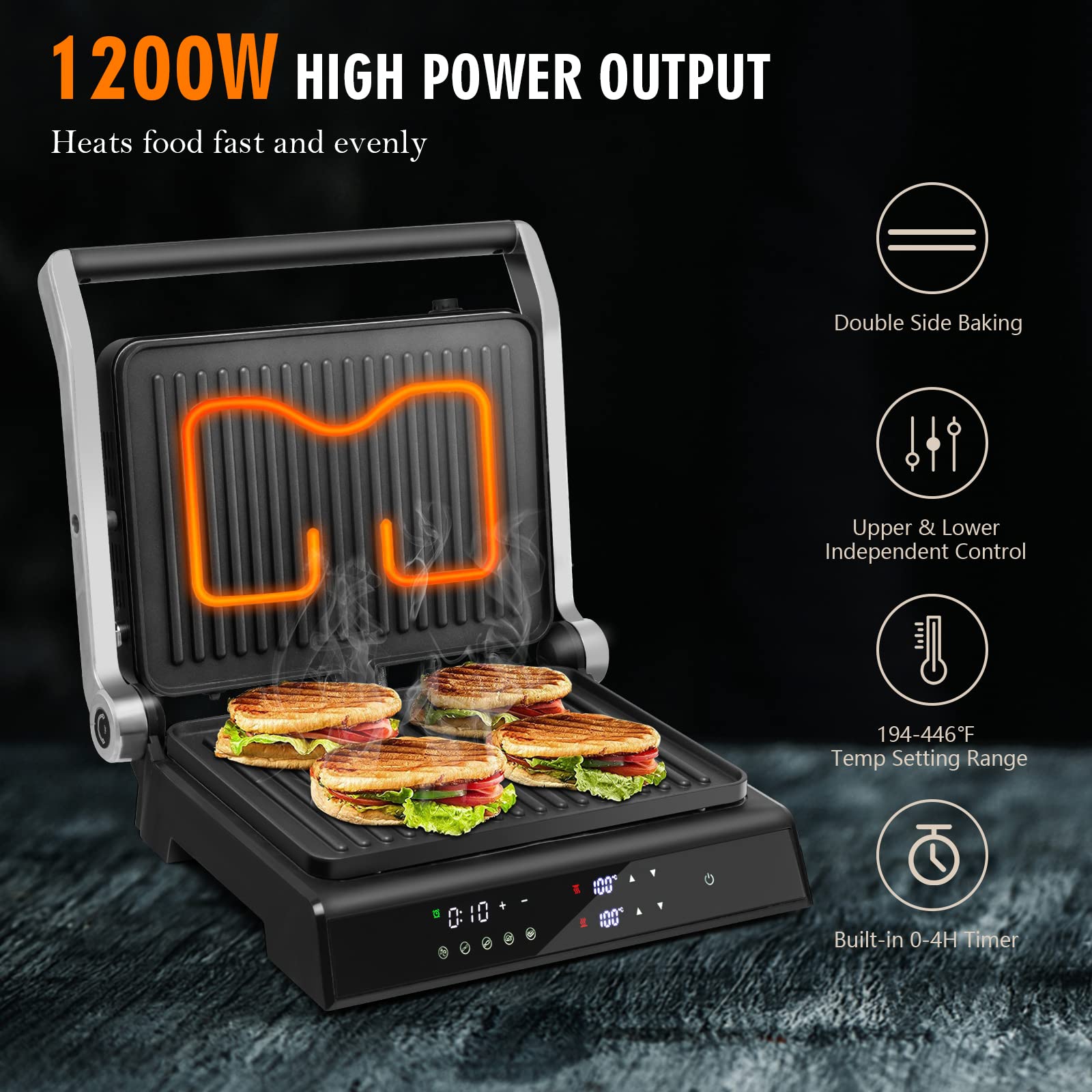 COSTWAY Electric Panini Press Grill, 1200W Sandwich Maker with Non-Stick Double Sided Plates, Independent Temperature Control & Removable Drip Tray, Opens 180 Degrees to Fit Any Size of Food