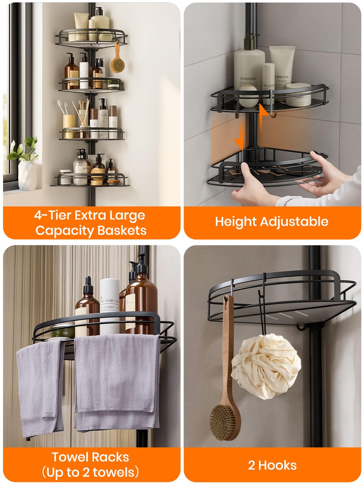 ENRUNEST Corner Shower Caddy Tension Pole for Bathroom Organizer,Tension Shower Caddy Corner,4 Tier Rustproof Larger Capacity Shelves,Adjustable 31.5 to 111.4 Inch,Black