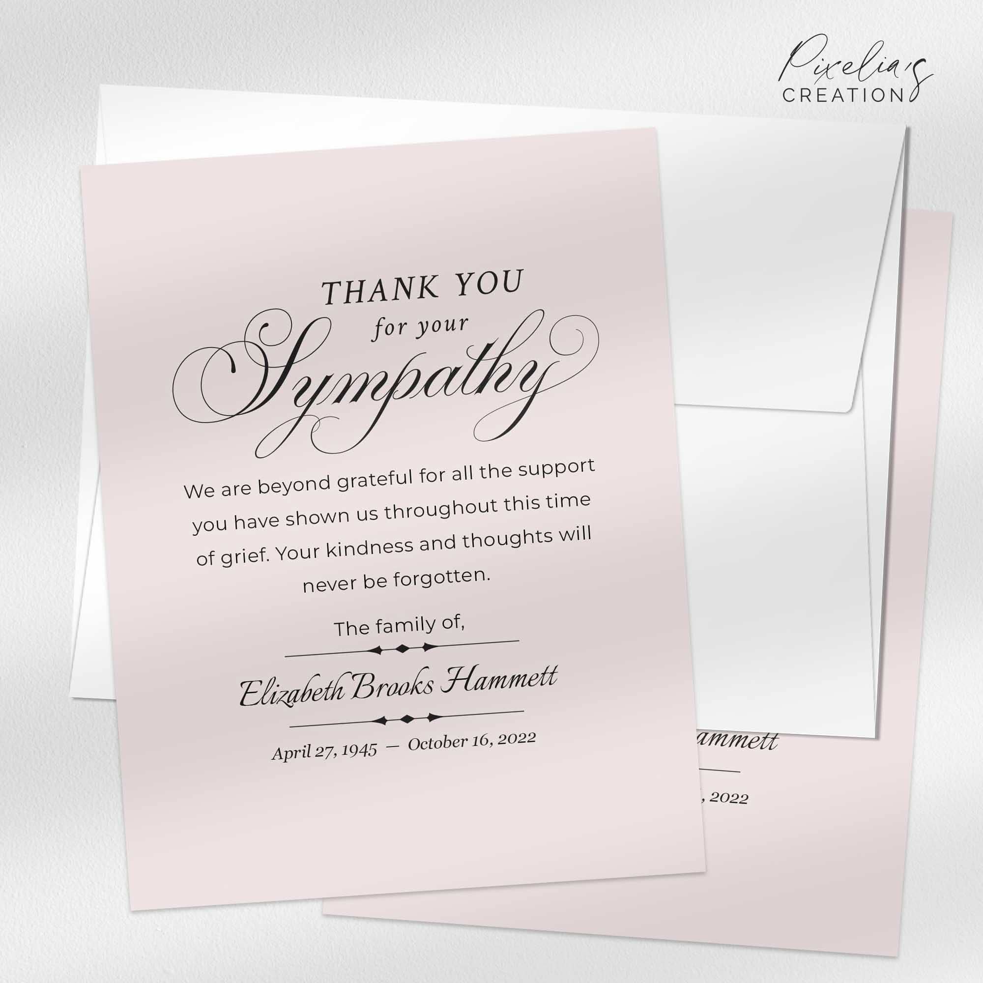 PIXELIA'S CREATIONS Simple classic elegance funeral thank you cards personalized, bereavement thank you card with envelope, symphaty acknowledgement