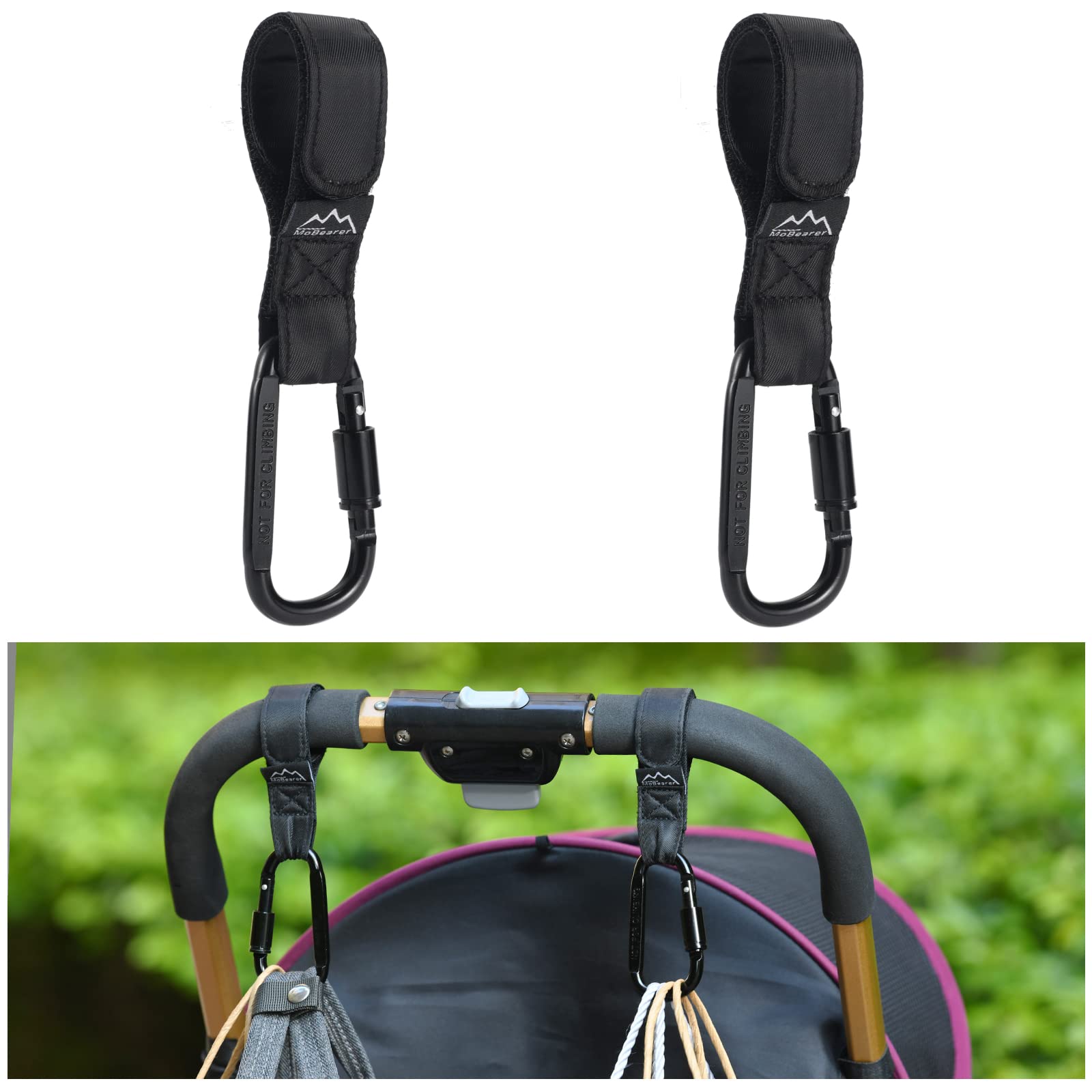 MoBearer Stroller Hooks for Hanging Bags and Shopping-Multipurpose Strolller Straps-Mom Hooks-Stroller Clips for Bags, 2 Pack Black Baby Stroller Hooks