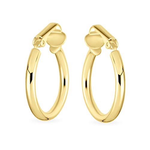 Classic Basic Simple Polished Tube Lightweight Clip On Hoop Earrings For Women Non Pierced Ears 14K Yellow Gold Plated .925 Sterling Silver .75 Diameter