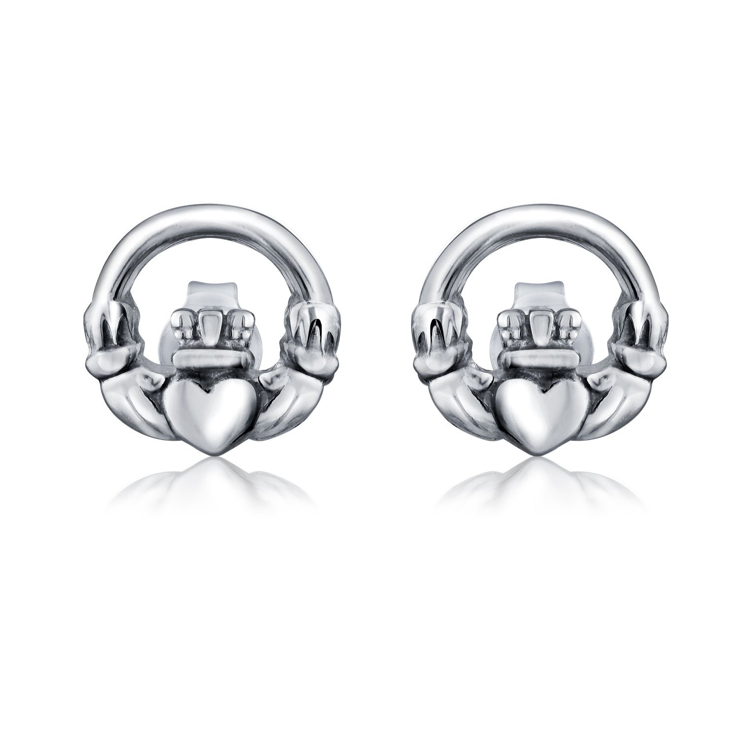 Classic BFF Celtic Lovers Friendship Circle Heart Stud Claddagh Earrings For Women Teens Oxidized .925 Sterling Silver