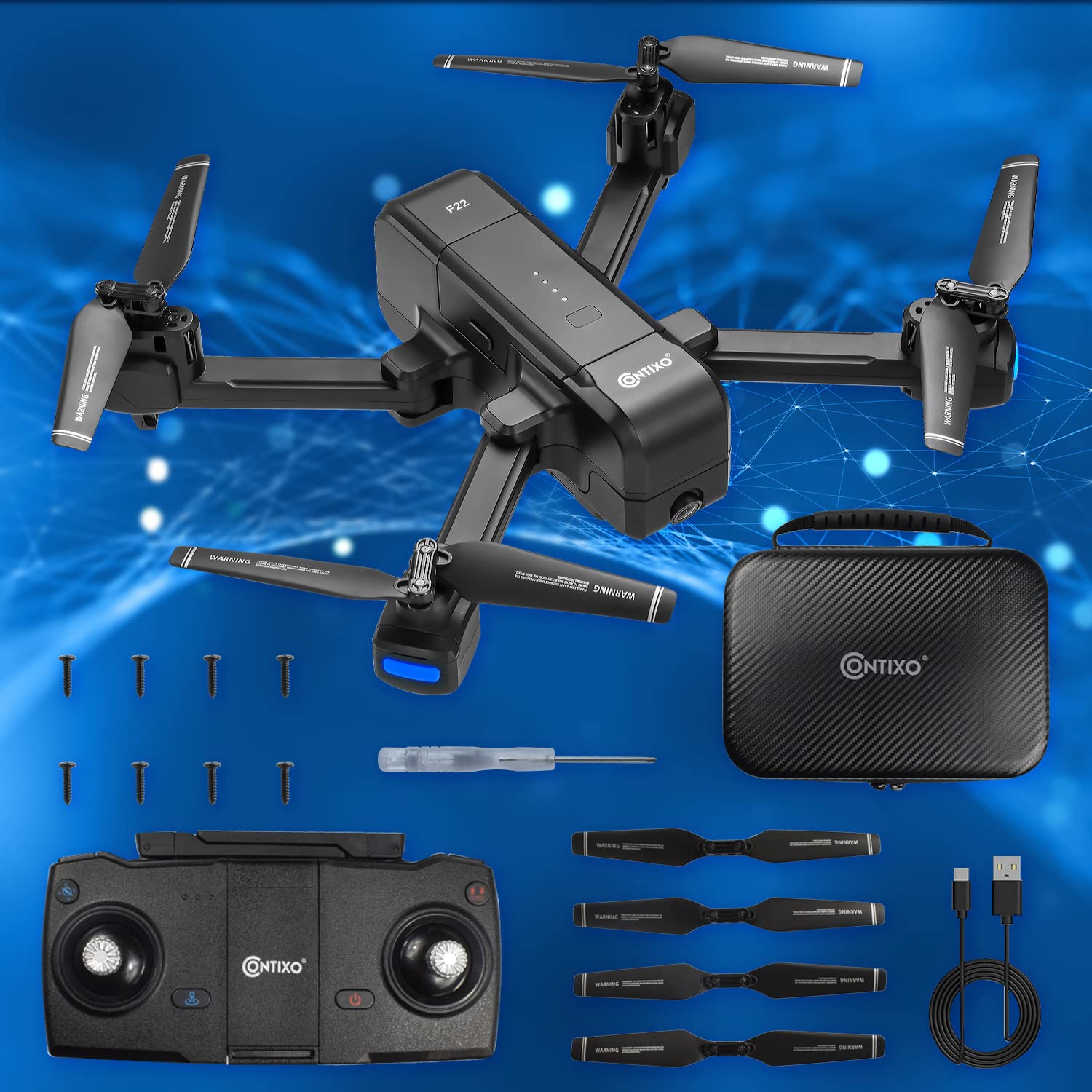 Contixo 4K GPS Quadcopter Drone with HD FPV Camera Live Video for Adults with Custom Case & 2 Batteries