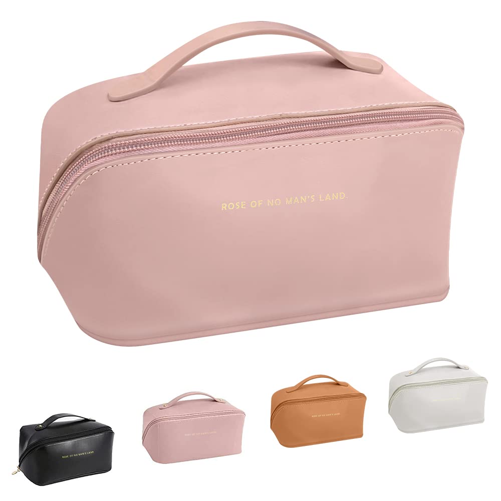 DAFUZ Makeup Bag - Large Capacity Travel Cosmetic Bag, Multifunctional Storage Leather Makeup Bag, with Handle and Divider Waterproof Travel Cosmetic Bag (Pink)