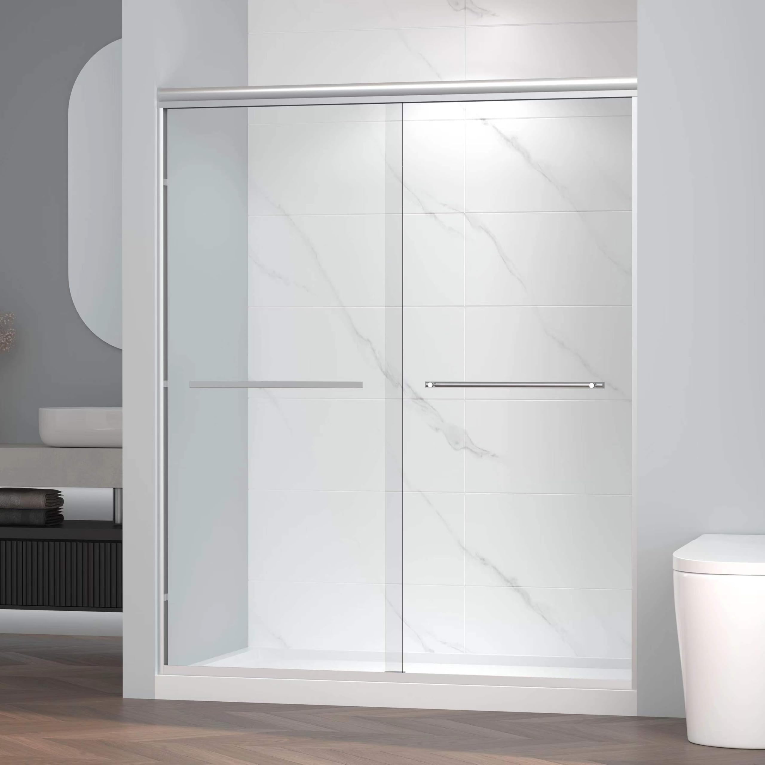 ENSO SENKA Shower Doors 56-60" W X 72" H Semi Frame Double Sliding Bathroom Glass Shower Door, 1/4" (6MM) Thick Clear SGCC Tempered Glass, Matte Black