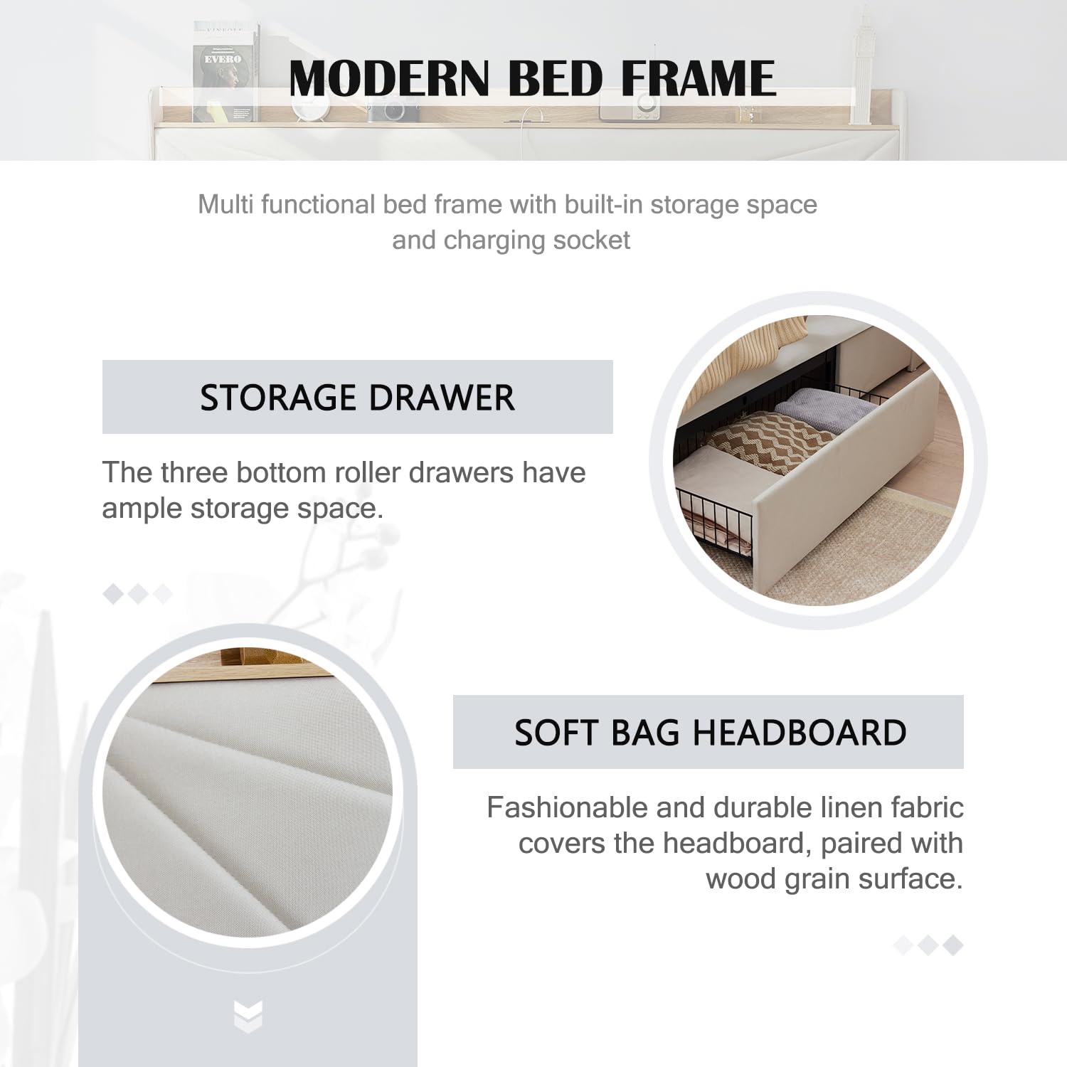 Hixkol Queen Bed Frame with Storage, Bed Frame with Drawers, AC USB & Type C Charge Station,Easy Assembly, Beige