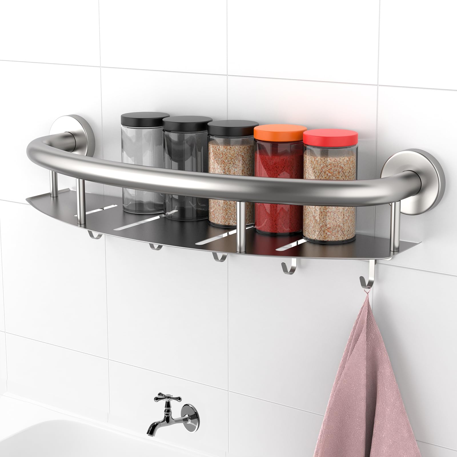 Brushed Nickel 18-inch Safety Grab Bar with Storage Shelf for Bathtub or Shower, Drainage Holes, Stainless Steel, Wall Mounted Grab Bars for Elderly Injured Balance Support