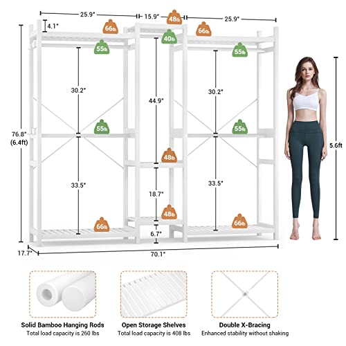 Homykic Bamboo Clothes Rack, Large Closet System Clothing Rack for Hanging Clothes, Freestanding Garment Rack with Shelves and 5 Rods, Open Wardrobe Organizer with 4 Hooks, 70”Wx77”H, White